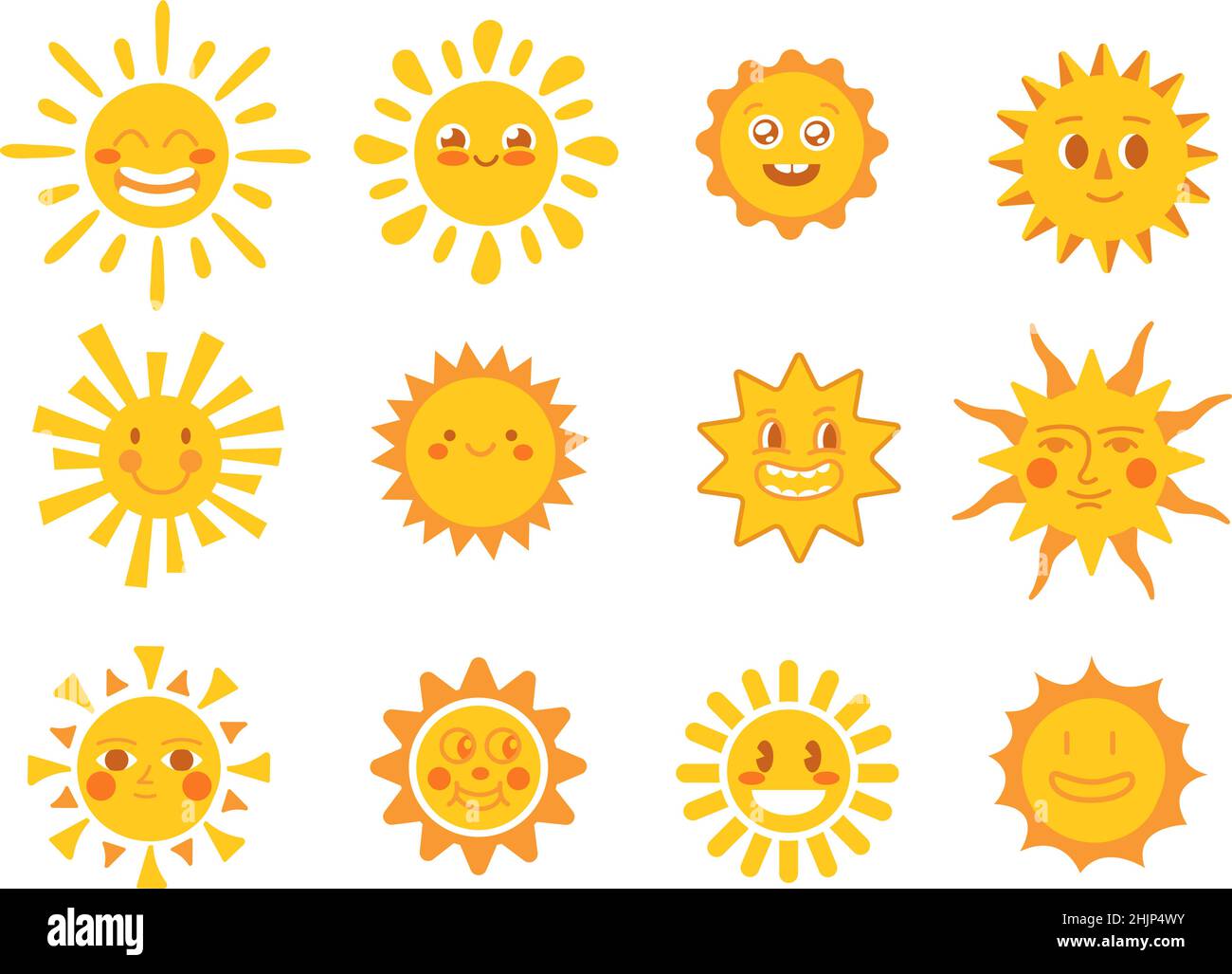 Cute sun faces. Good morning, sunshine yellow icons. Joy comic suns ...