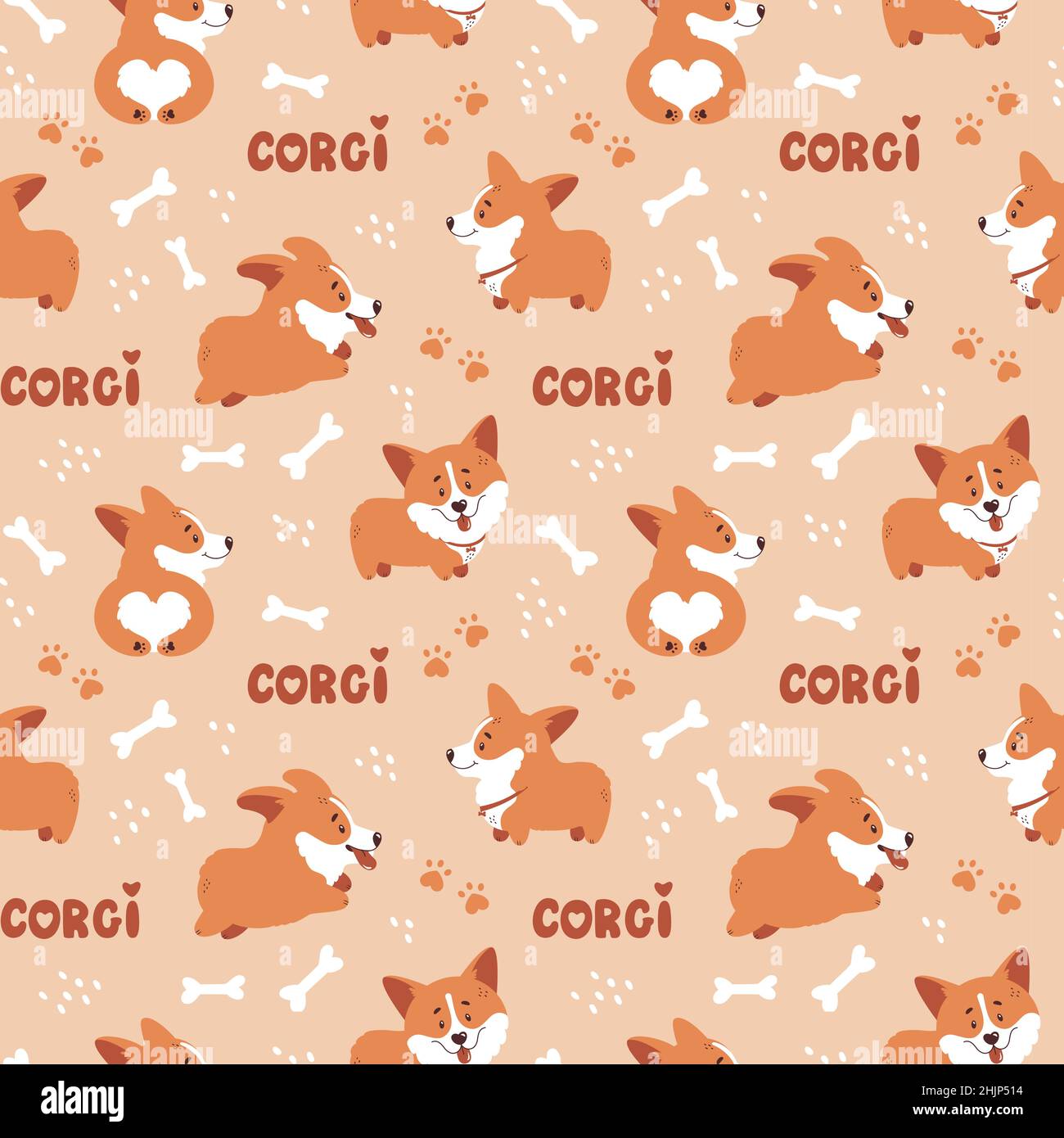Corgi seamless pattern. Cute and happy welsh corgi puppies and hand ...