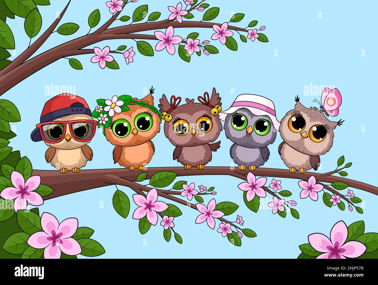 Owl on tree. Cute cartoon owls sitting on wooden branch with leaves ...