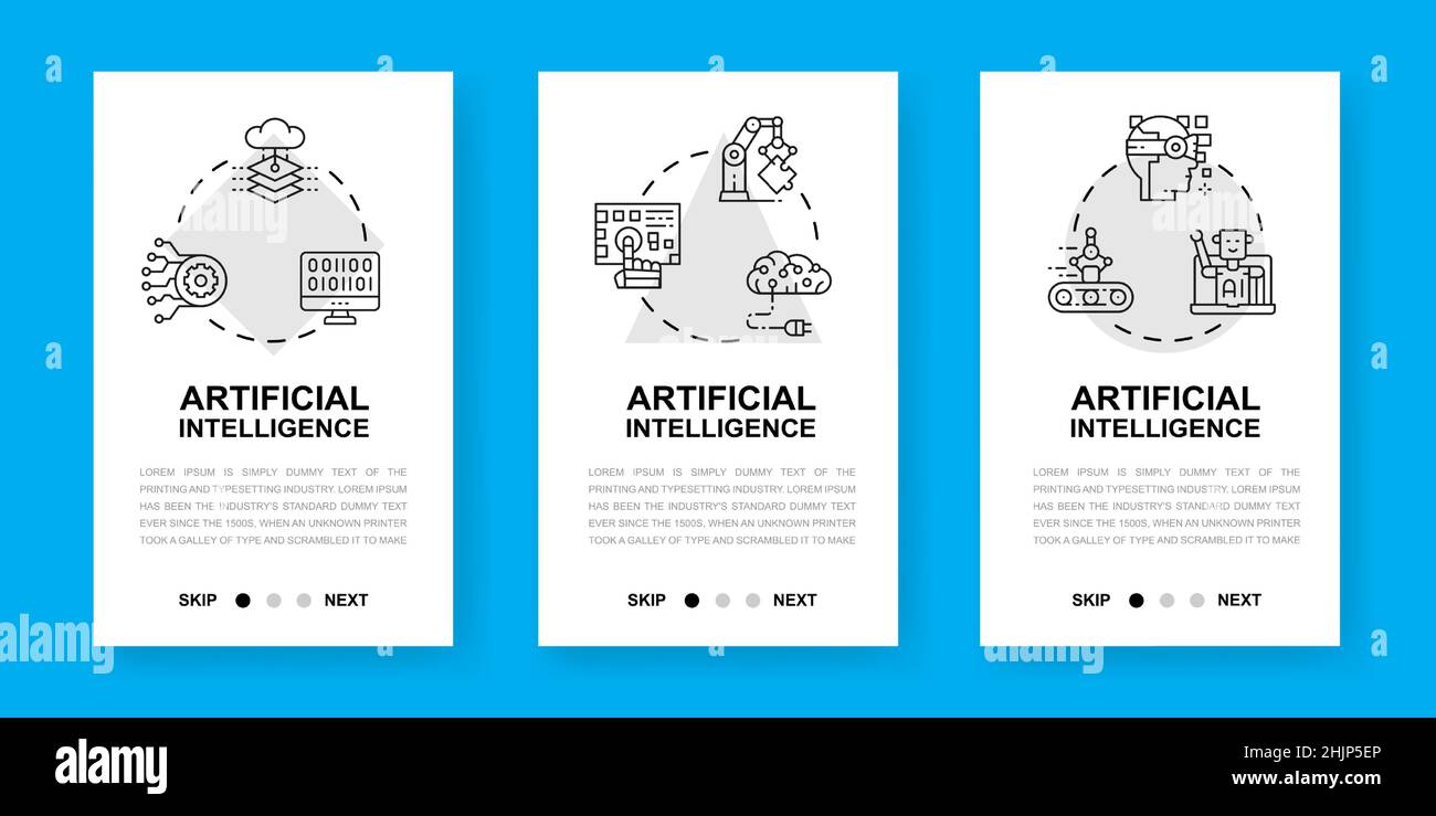 Artificial Intelligence vertical app screens design illustration. Robotics, Chatbot, Database ...