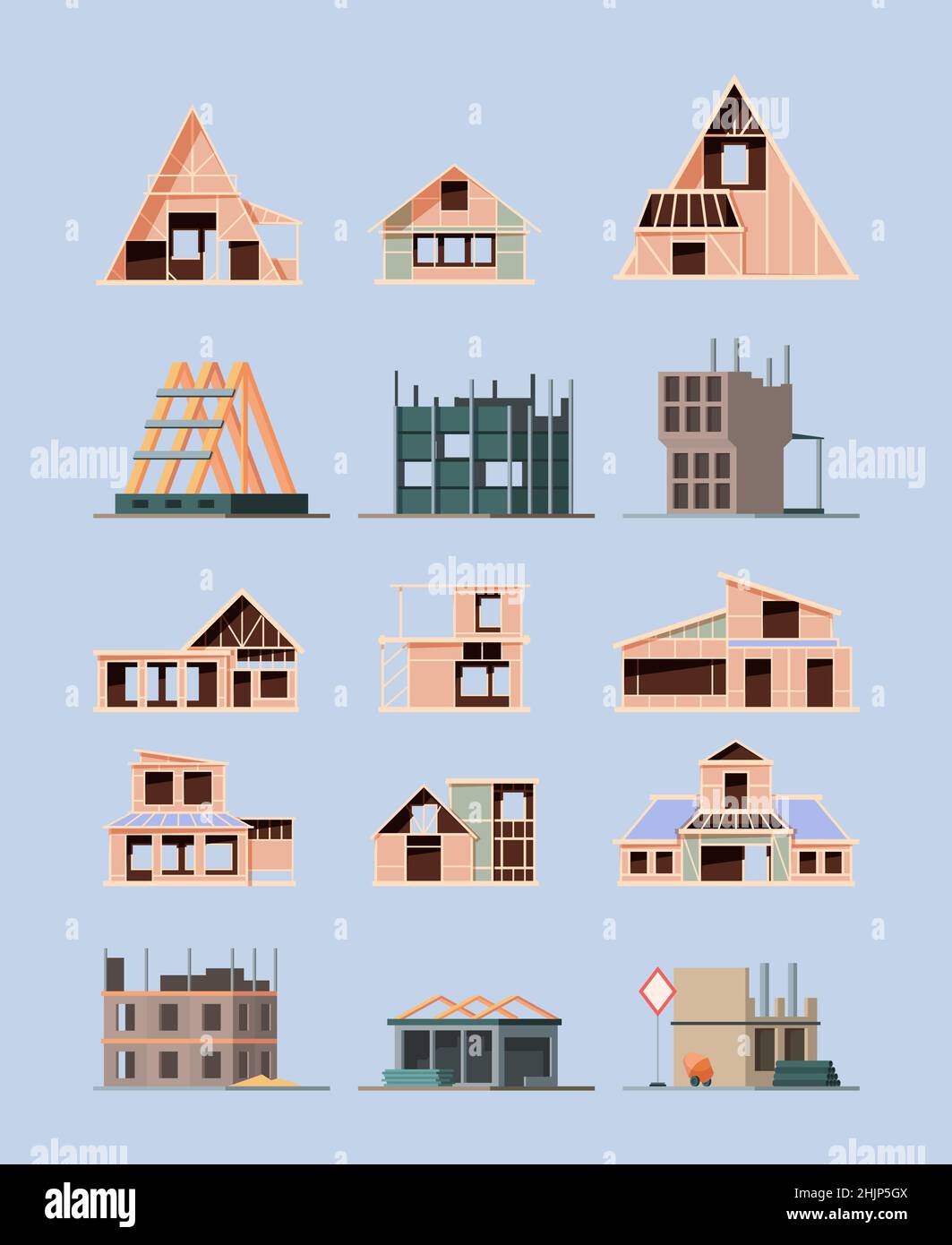 Building construction stages. Modern exterior wooden and brick roofing ...