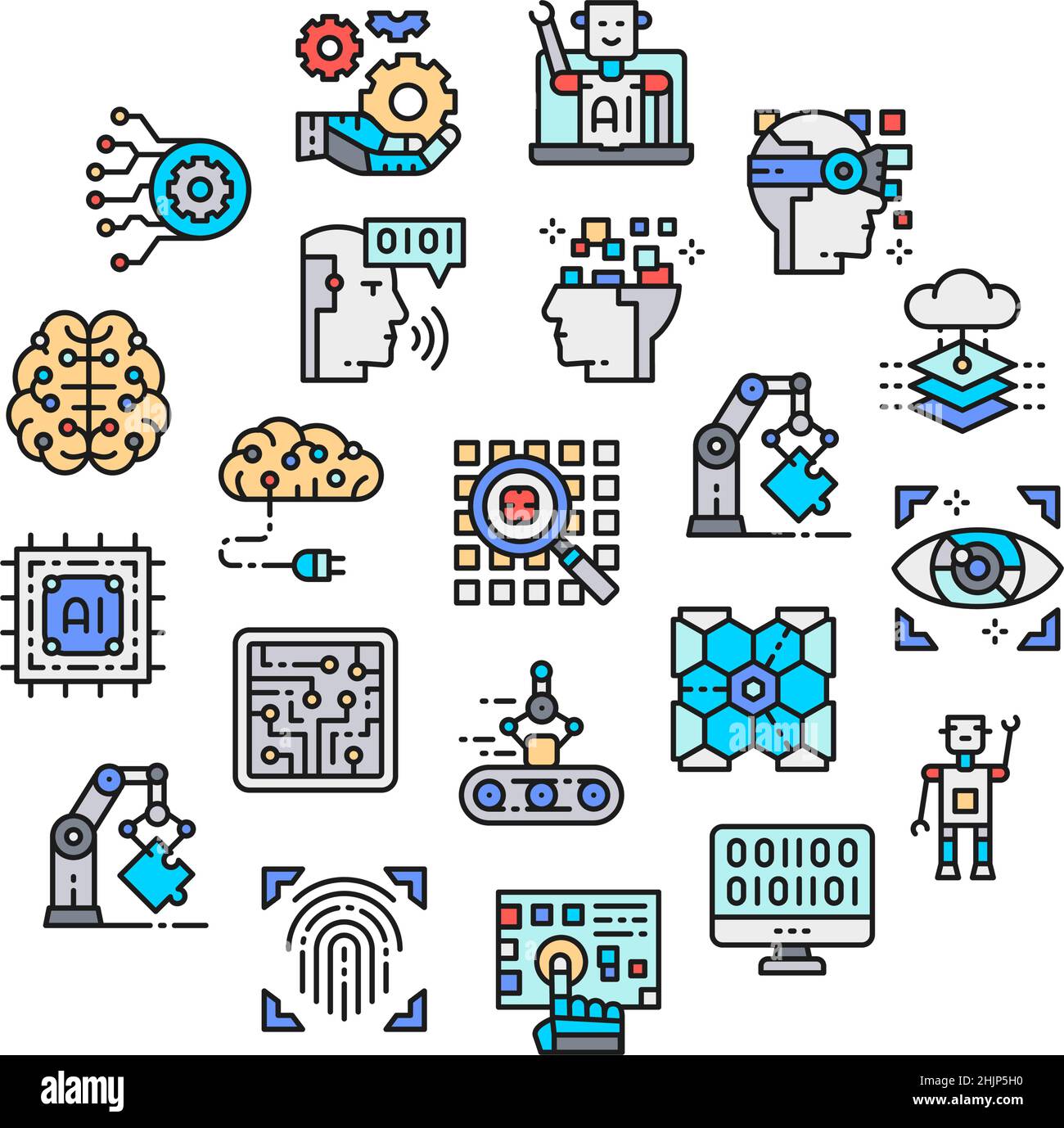 Artificial Intelligence icons set. Robotics, Chatbot, Database, Big Data Icons banner in a ...