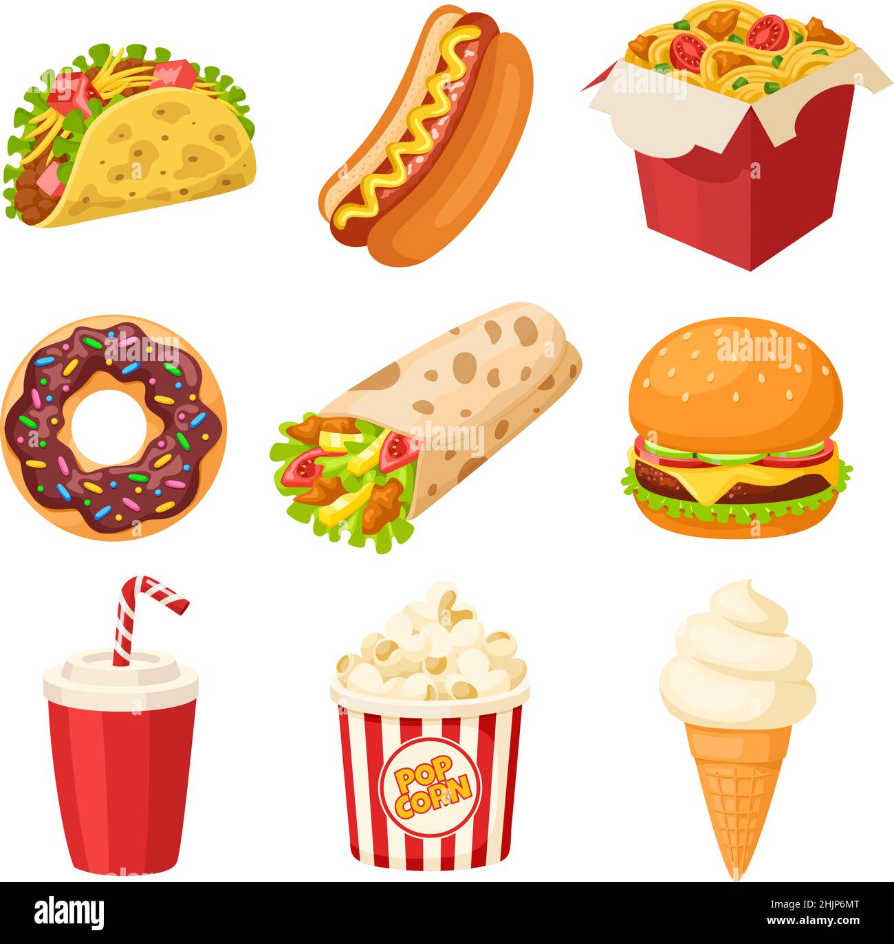 Fast food cartoon. Burger, sandwich, fresh wrap and hot dog. Flat ...