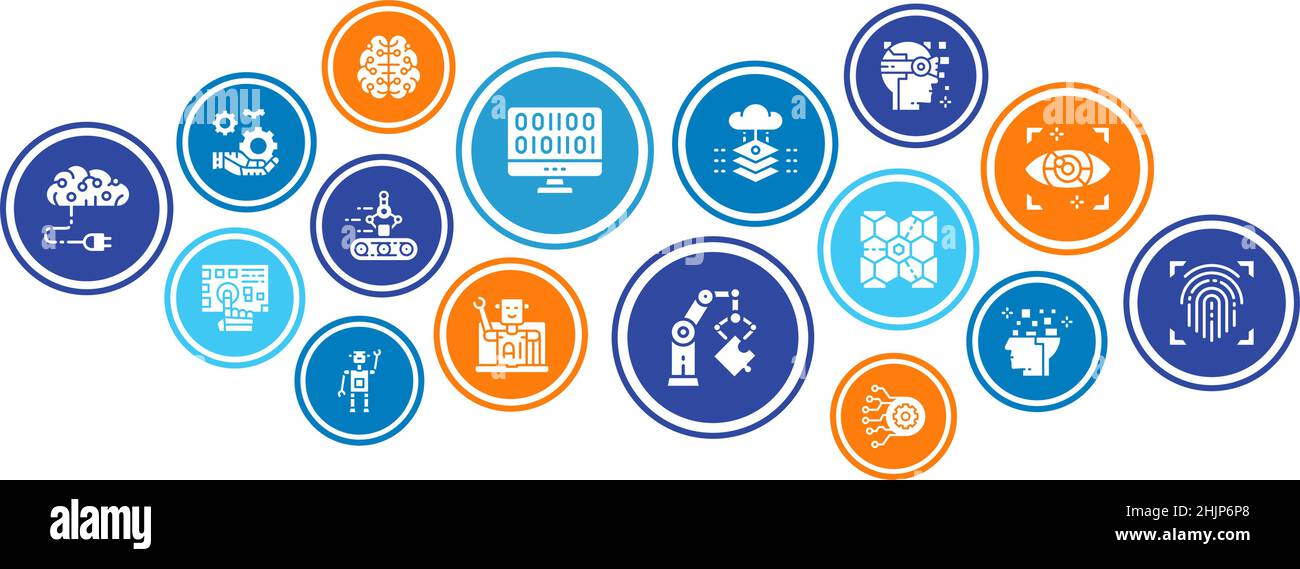 Artificial Intelligence concept illustration banner. Robotics, Chatbot, Database, Big Data ...