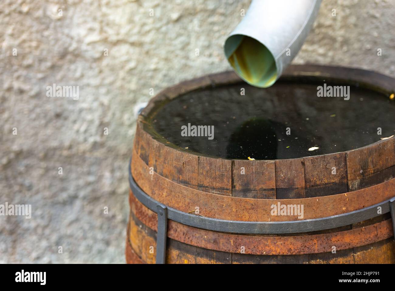 Drain pipe in a barrel. Drainage of rainwater not into the sewer, but ...