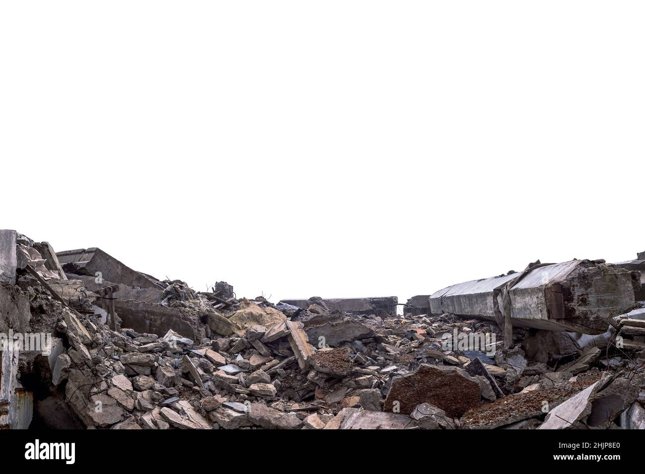 Concrete fragments of a destroyed building isolated on a white ...