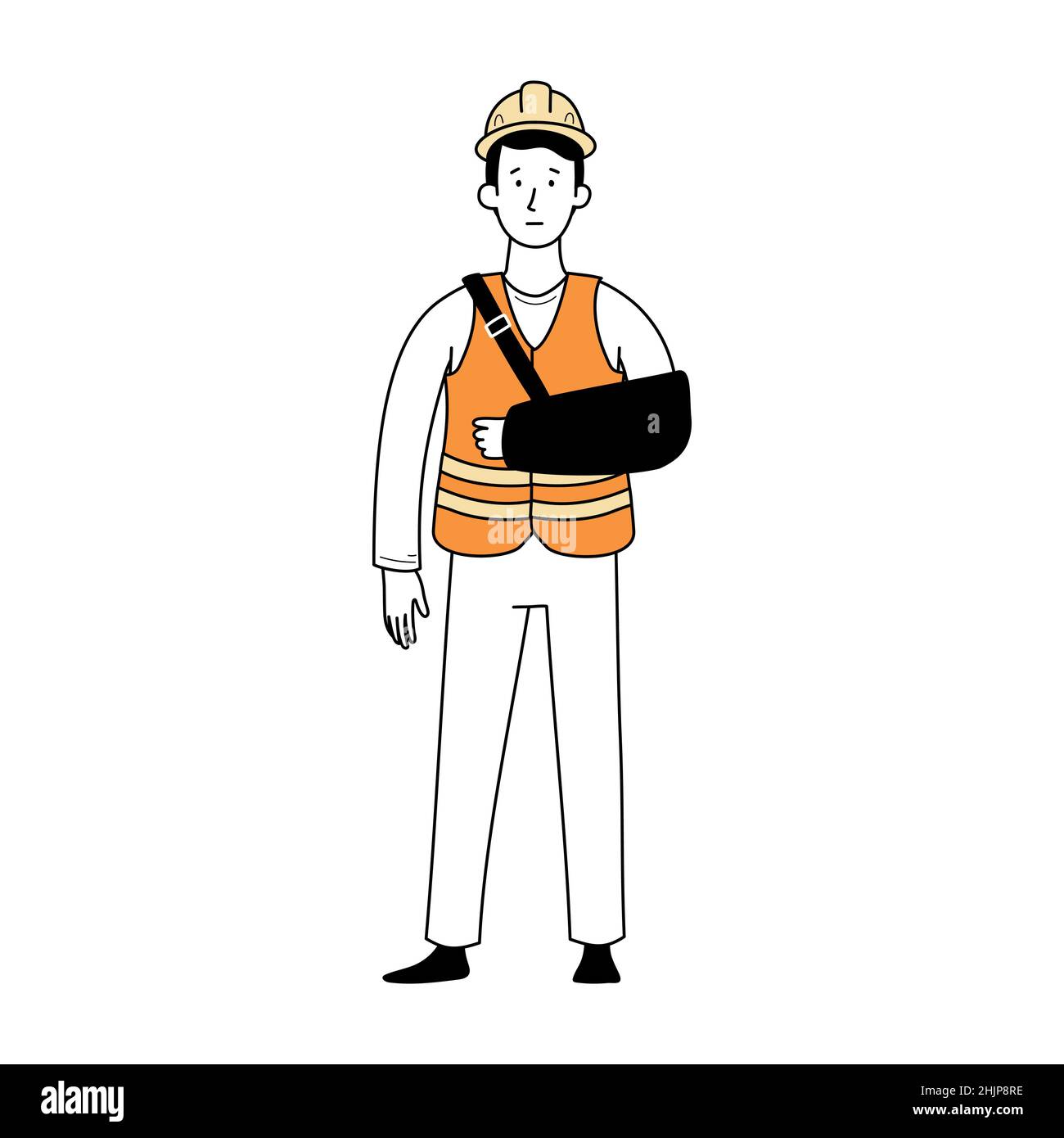 Worker with injury bandage arm. Fall accident on work. Doodle line ...