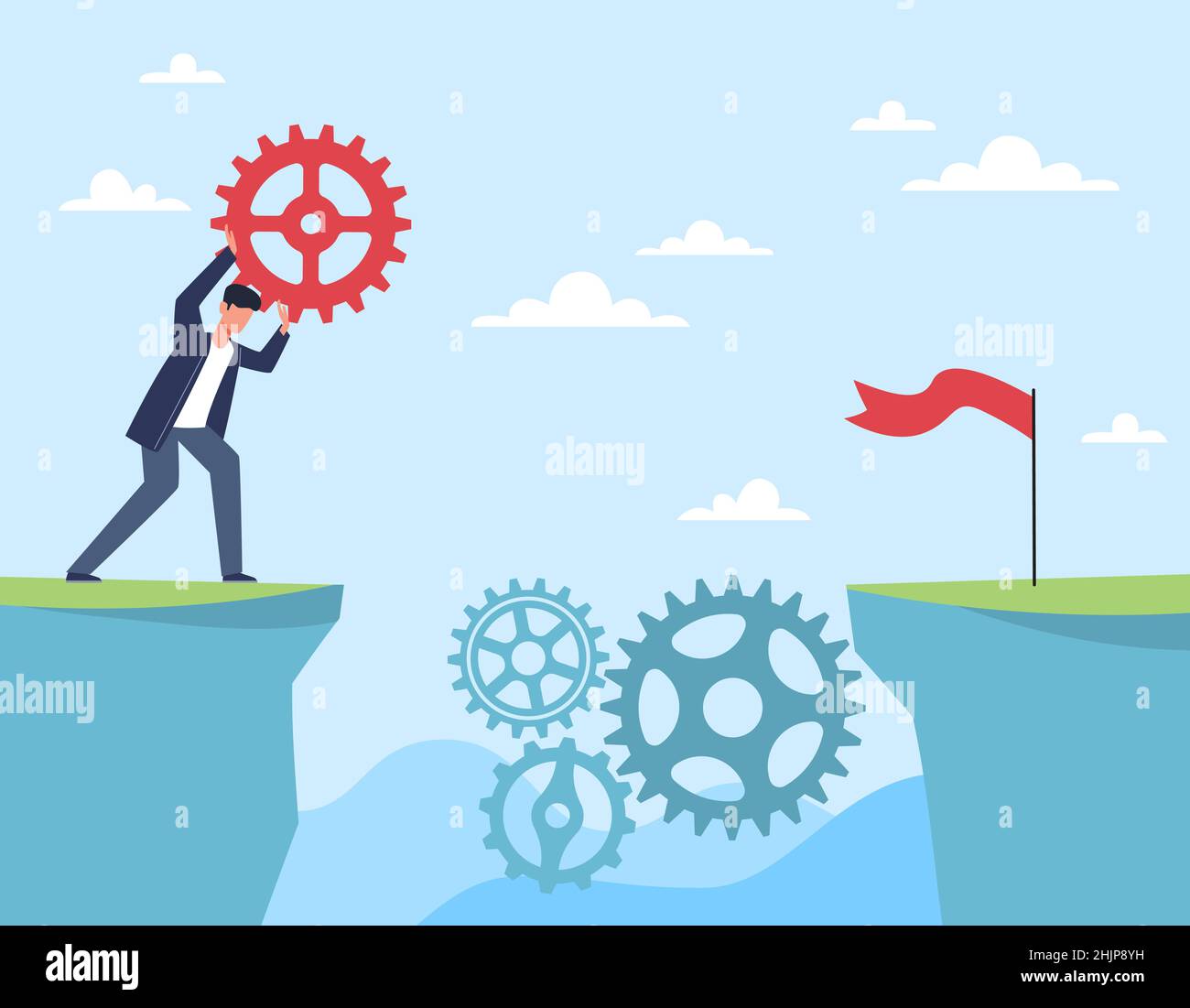 Missing element of mechanism, bridge to achieving goal. Businessman hold gear element ...