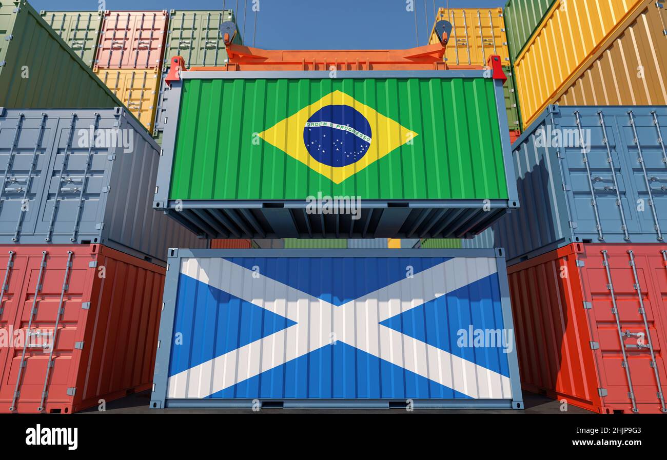 Freight containers with Brazil and Scotland national flags. 3D ...