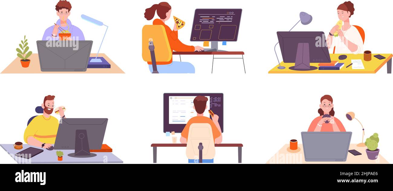 Eating at workplace. Woman eat appetited home food, business man at ...