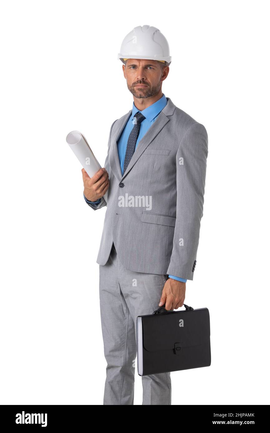 Male construction architect in formal suit and hardhat with rolled ...