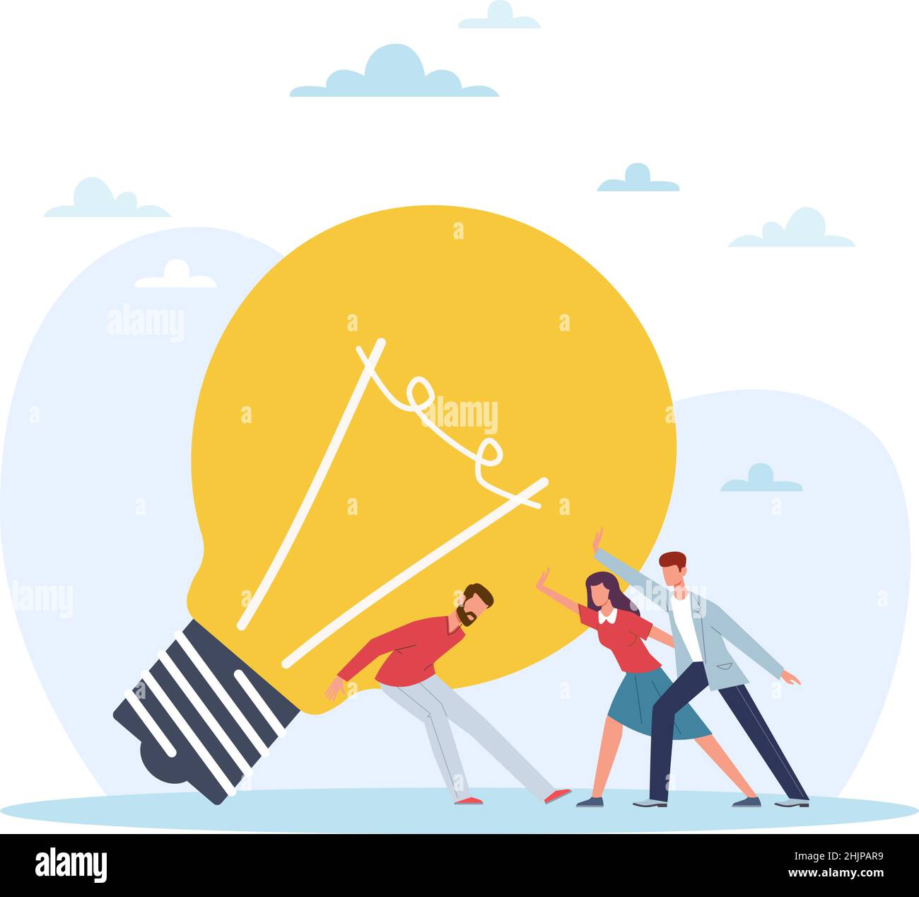 Teamwork of creating an idea. Group of people raise huge light bulb ...