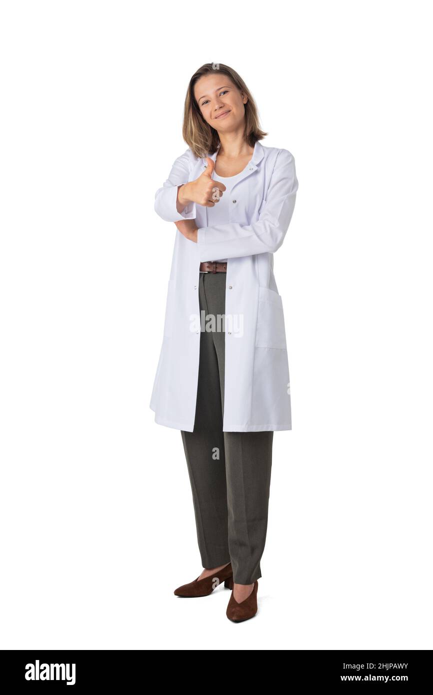 Doctor woman posing in a studio with thumb up isolated on white ...