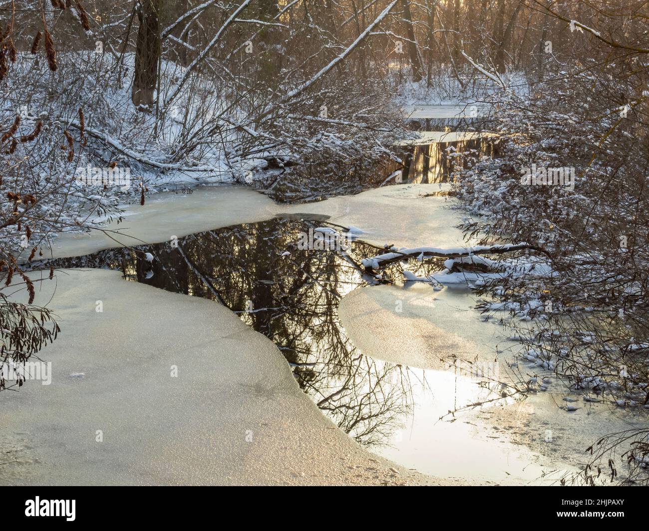 Frozen river in the park. Wintertime sunset Stock Photo - Alamy