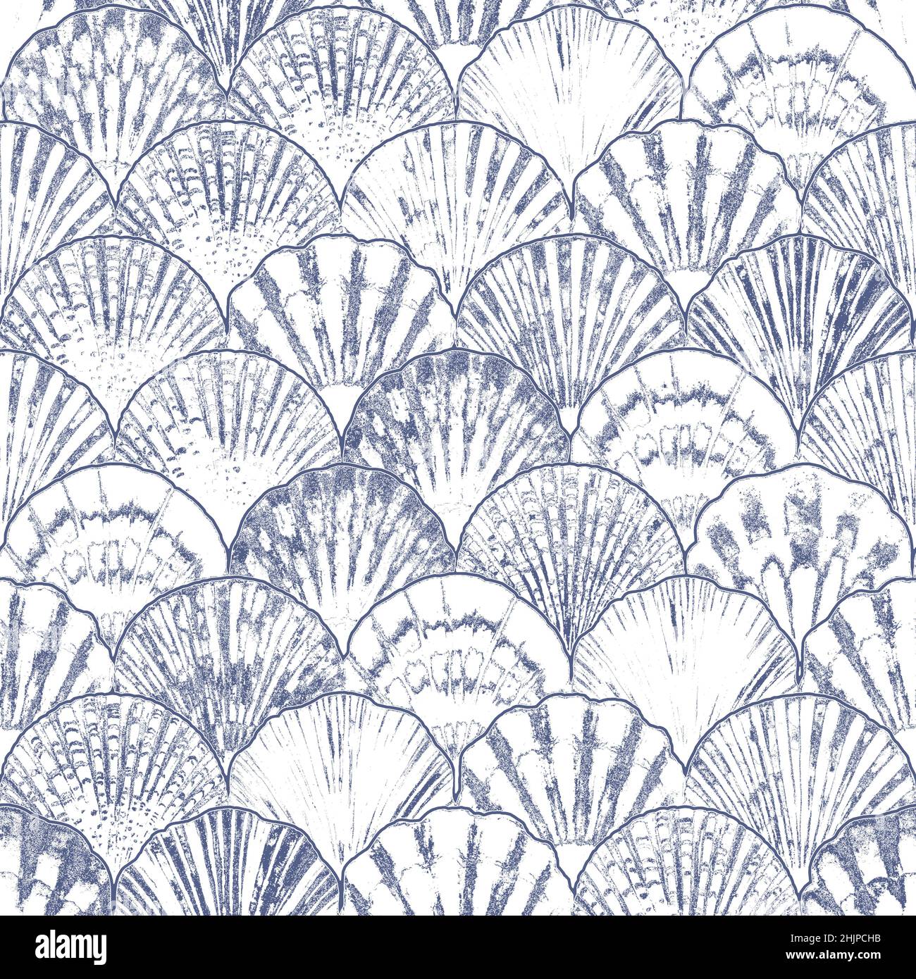 Watercolor sea shell japanese waves blue navy seamless pattern. Hand ...