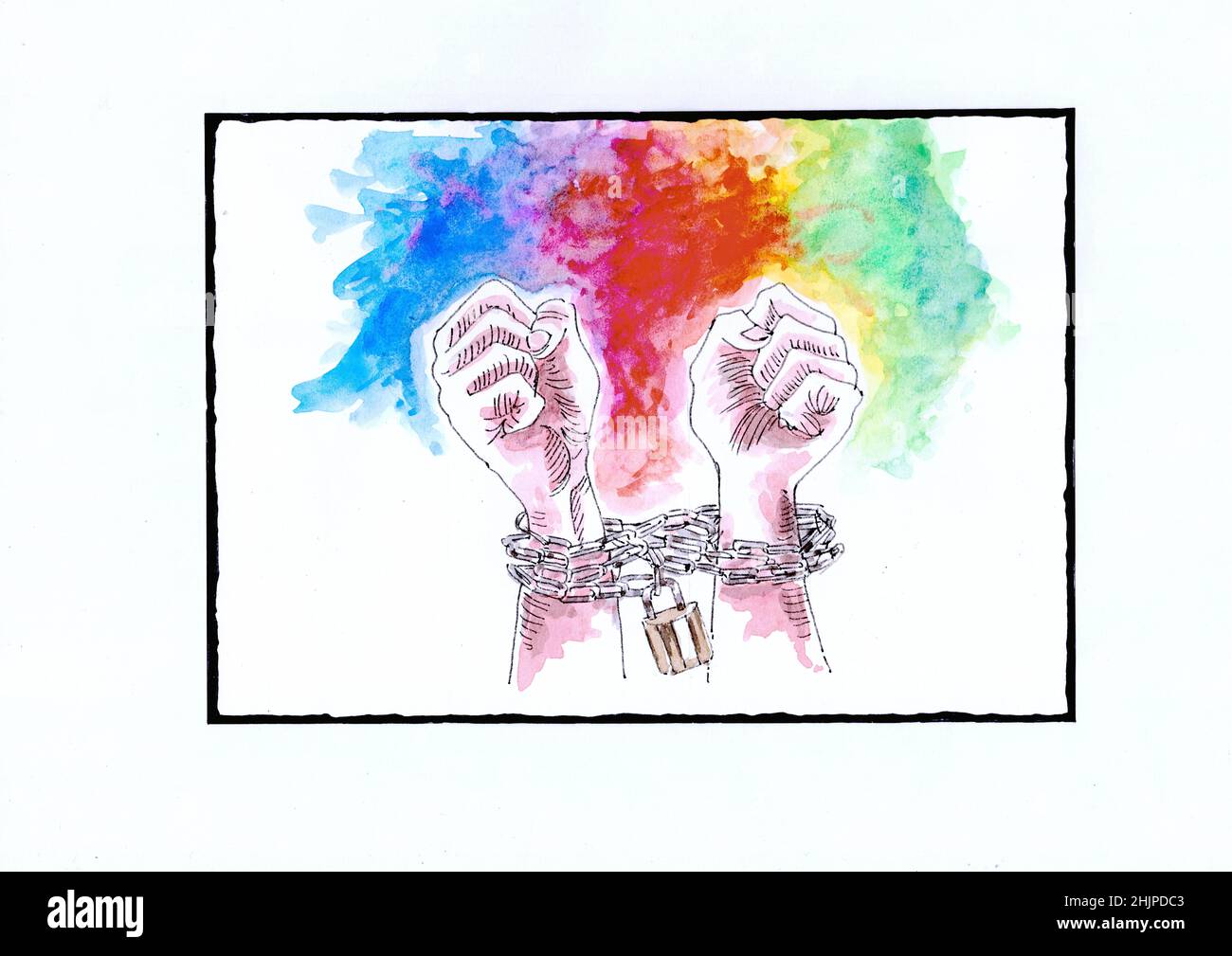 Watercolour illustration of a pair of chained hands against a multi ...