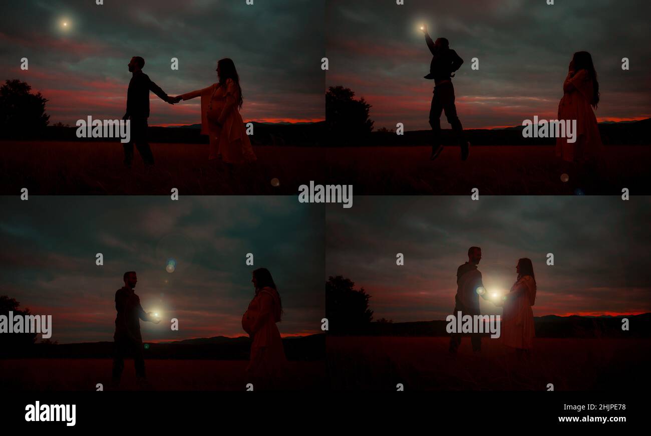 Collage of a young husband grabbing the moon and gifting it to his ...