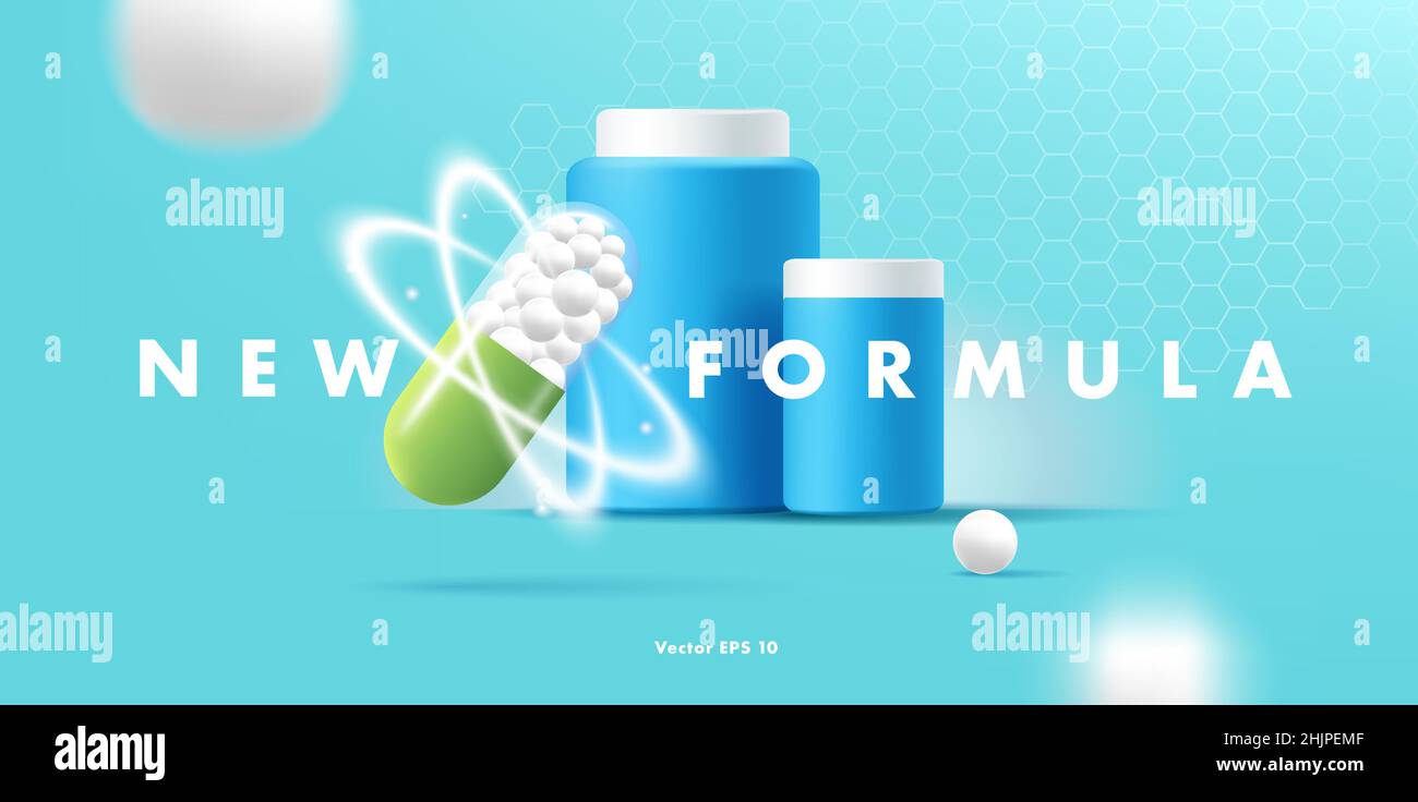 web banner with drug medicine bottles and pill, new formula promo, blue ...