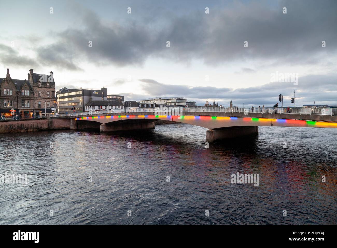Ness Bridge over the River Ness in Inverness lit with multicoloured ...