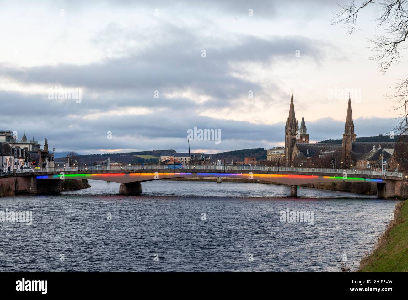 Ness Bridge over the River Ness in Inverness lit with multicoloured ...