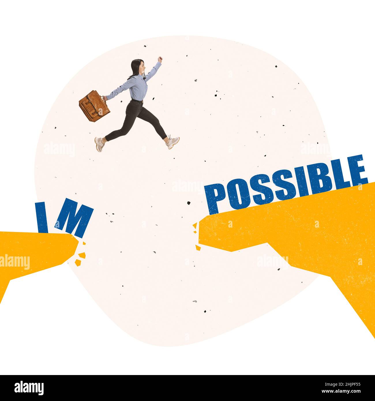 Contemporary art collage. Motivated businesswoman jumping from over ...