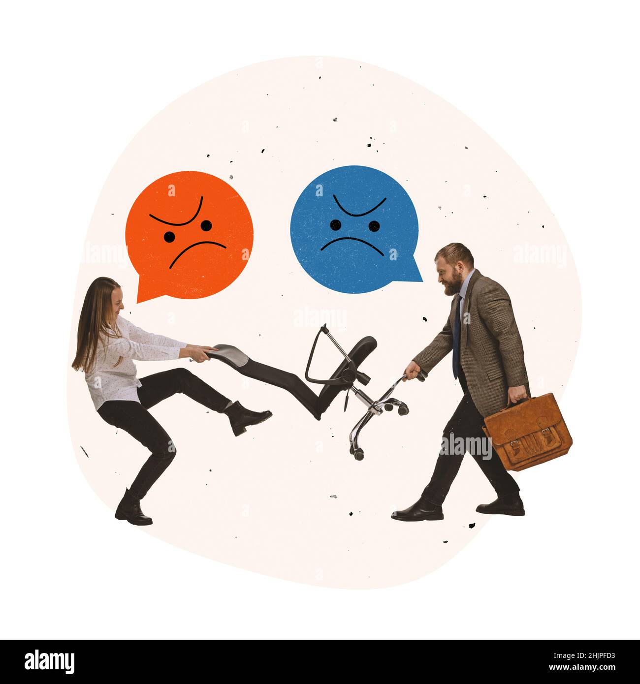 Contemporary art collage. Two office workers, employees fighting ...
