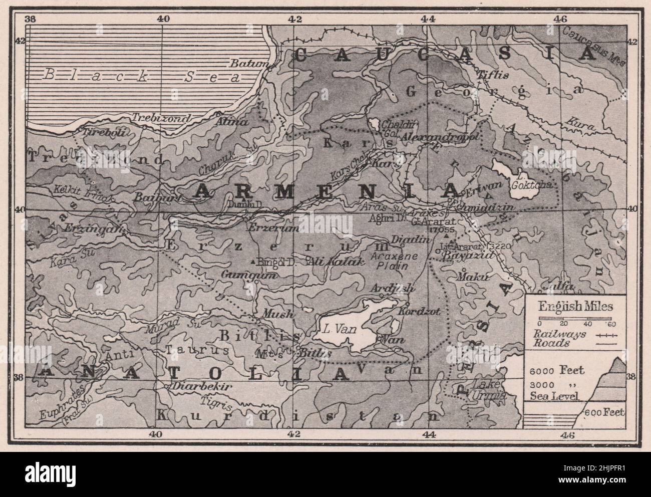 Armenia's Network of Mountain chains about great Ararat (1923 map Stock ...