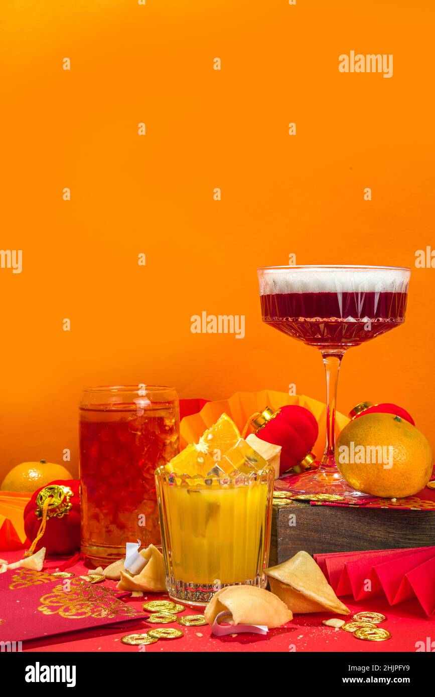 Chinese New Year Cocktail drinks, set of three different glass with ...