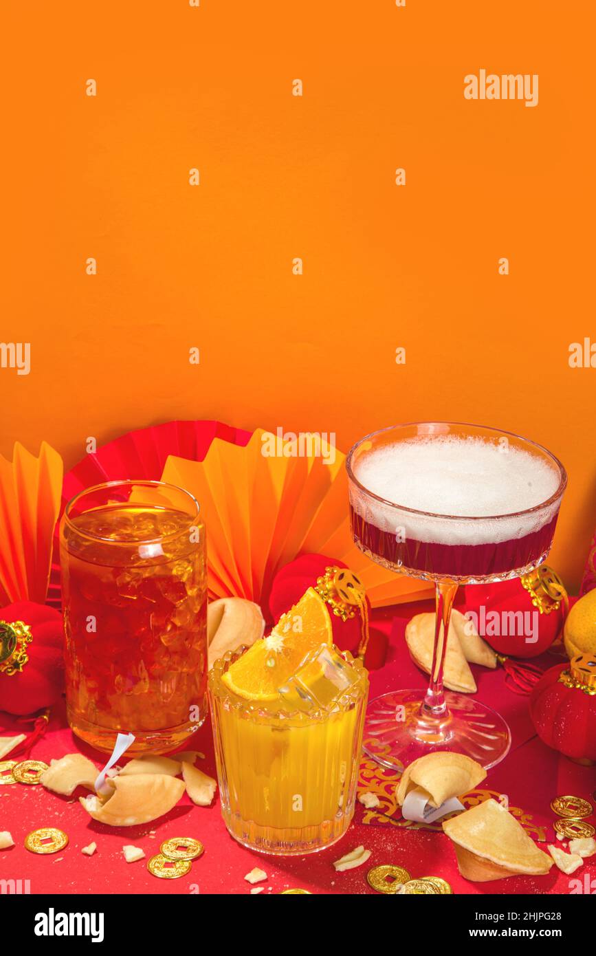 Chinese New Year Cocktail drinks, set of three different glass with ...