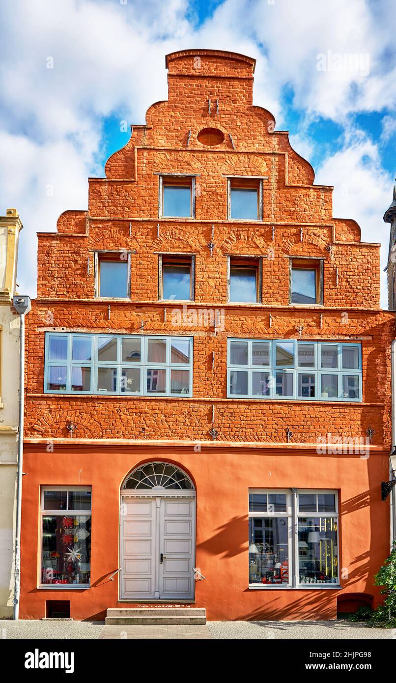 Beautiful old brick facade on a gabled house in the old town of Wismar ...