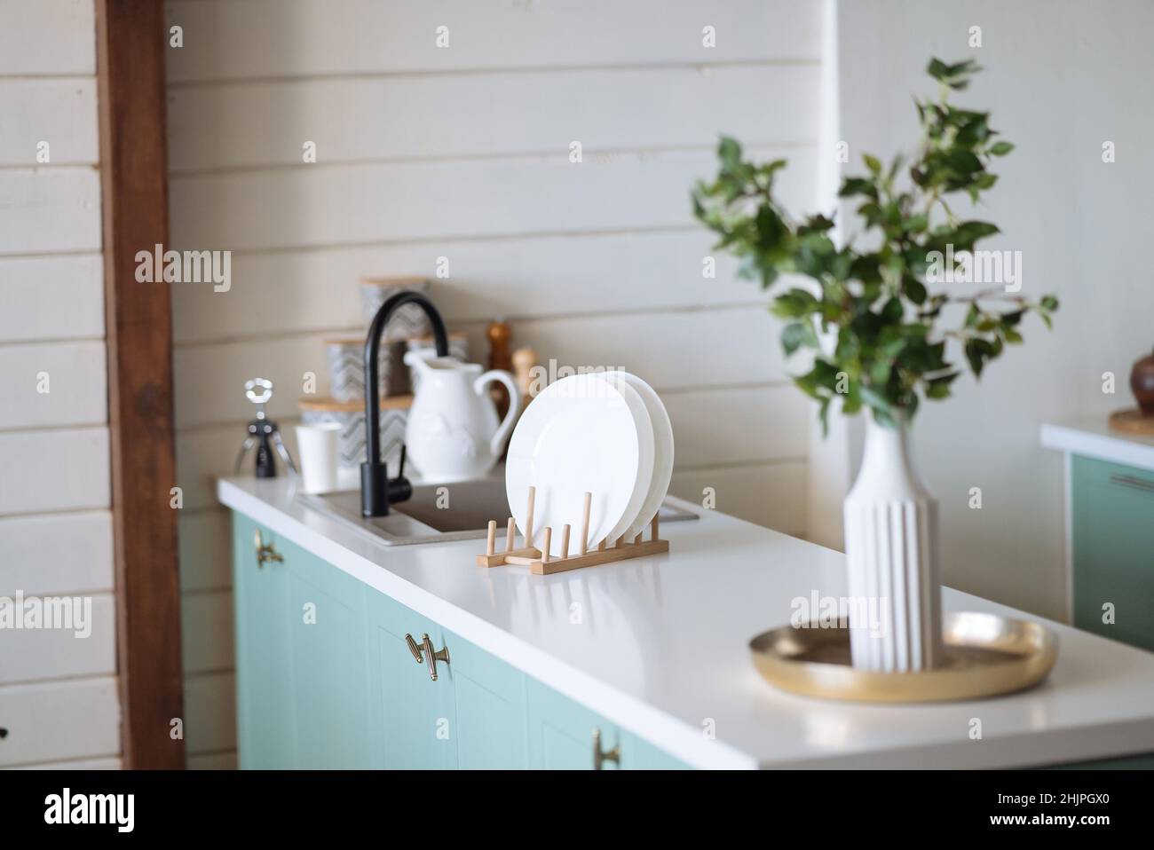 Table board and defocused modern kitchen background Stock Photo - Alamy