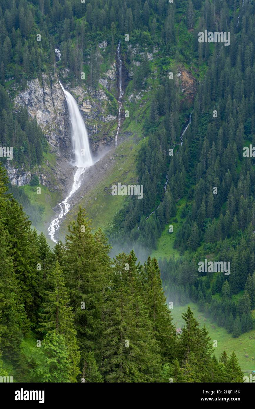 Typical alpine landscape with waterfalls (Niemerstafelbachfall), Swiss ...