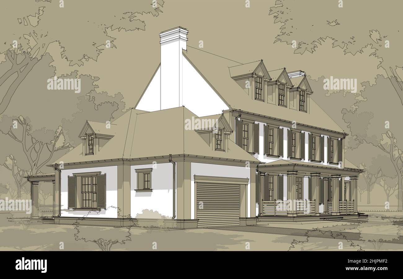3d rendering of modern cozy classic house in colonial style with garage ...