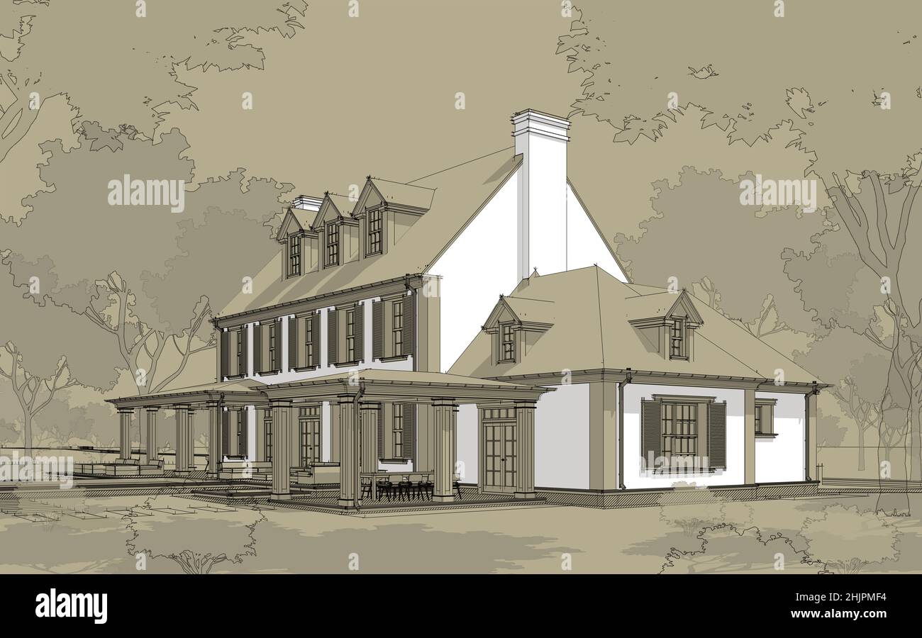 3d rendering of modern cozy classic house in colonial style with garage ...