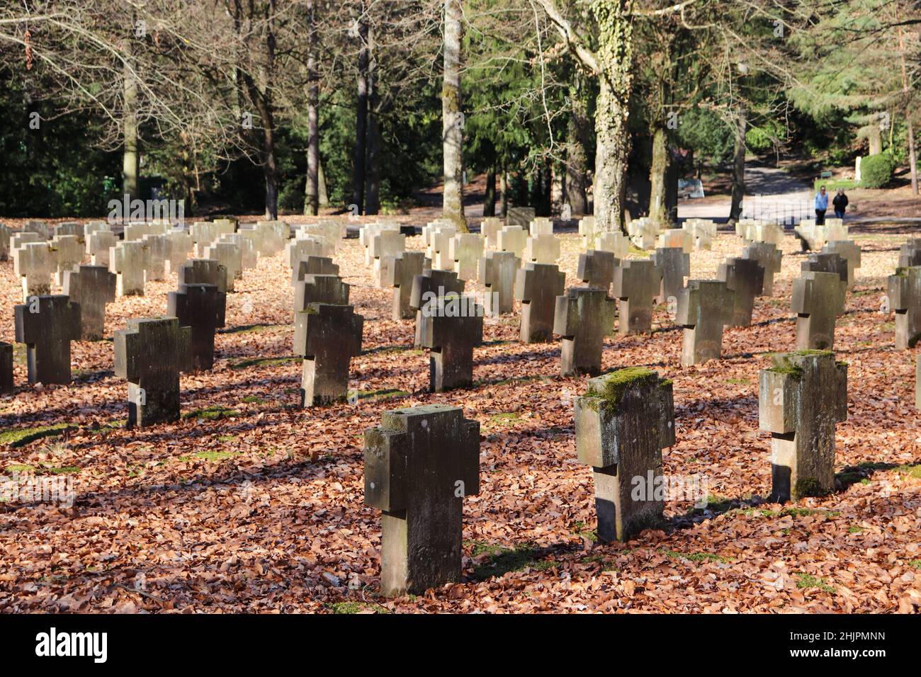 Outdoor view concrete tomb in cemetery at autumn Stock Photo - Alamy