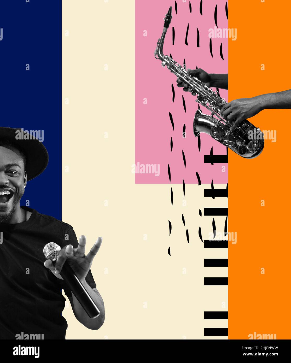 Contemporary art collage. Modern design. Young cheerful african man ...