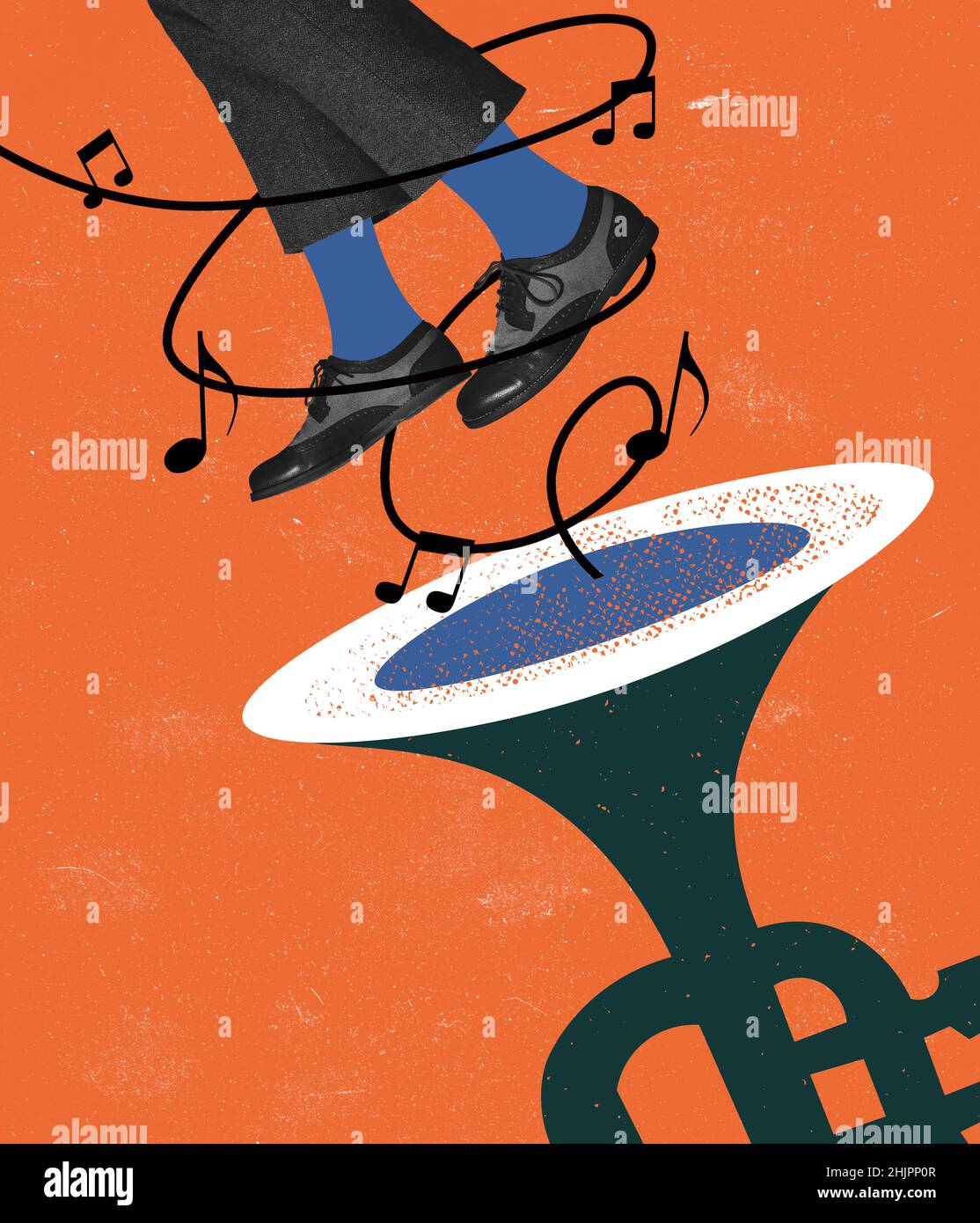 Let's take music break. Human legs stick out trumpet isolated on orange ...