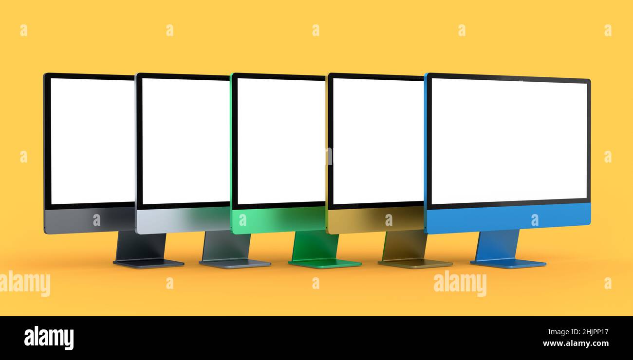 Set Of Desktop Computers With Blank Screen Display Isolated On Yellow