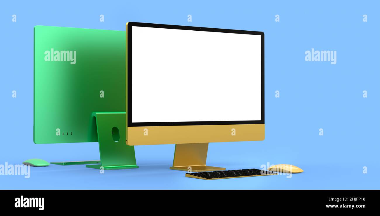 Desktop computer screen display with keyboard and mouse isolated on blue background. 3D ...