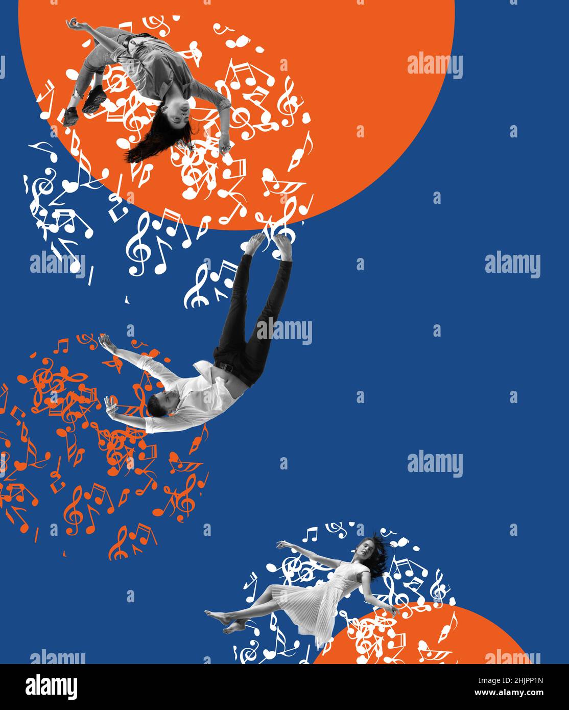 Music, soul and relax. Contemporary artwork. Young people flying over ...
