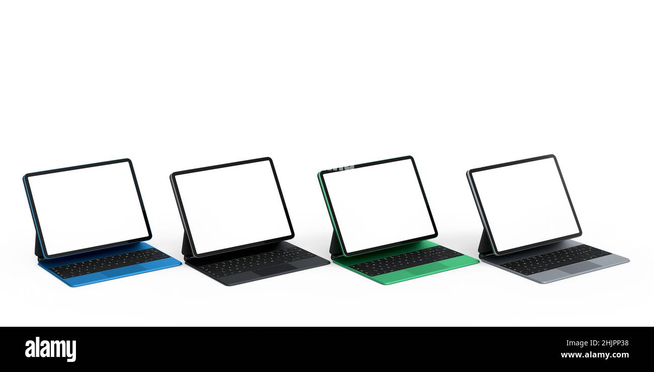 Set of computer tablets with keyboard and blank screen isolated on ...
