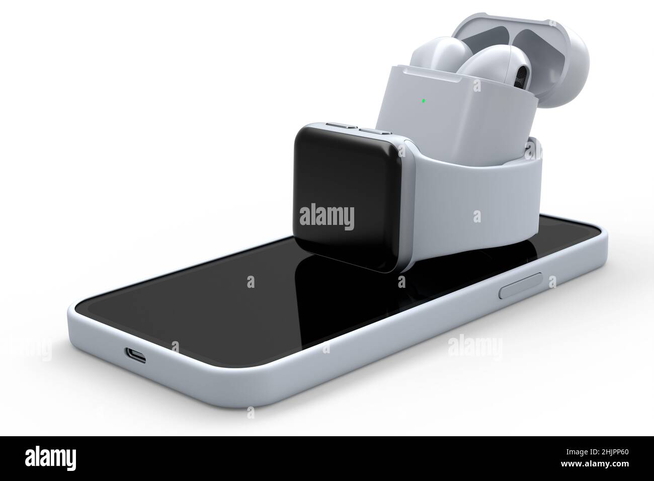 Mockup of smart watches and wireless bluetooth headphones lying on ...