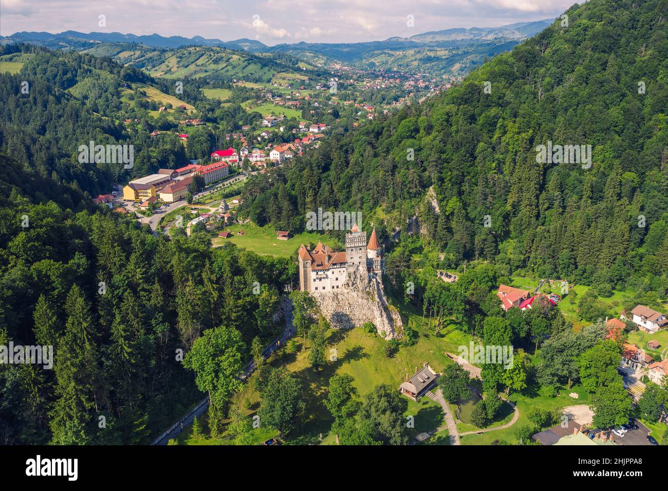 Panoramic landscape with castle. The medieval Castle of Bran guarded in ...