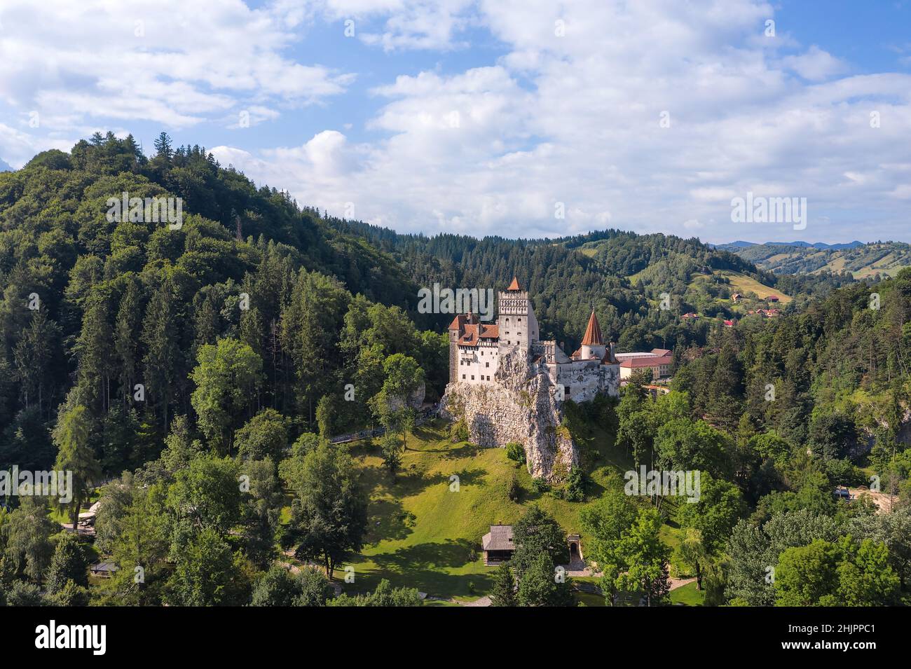 Landscape with medieval Bran castle known for the myth of Dracula. Bran ...