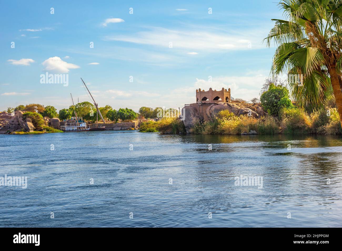 Architecture and landscapes on the coasts of Nile river, Aswan Stock ...