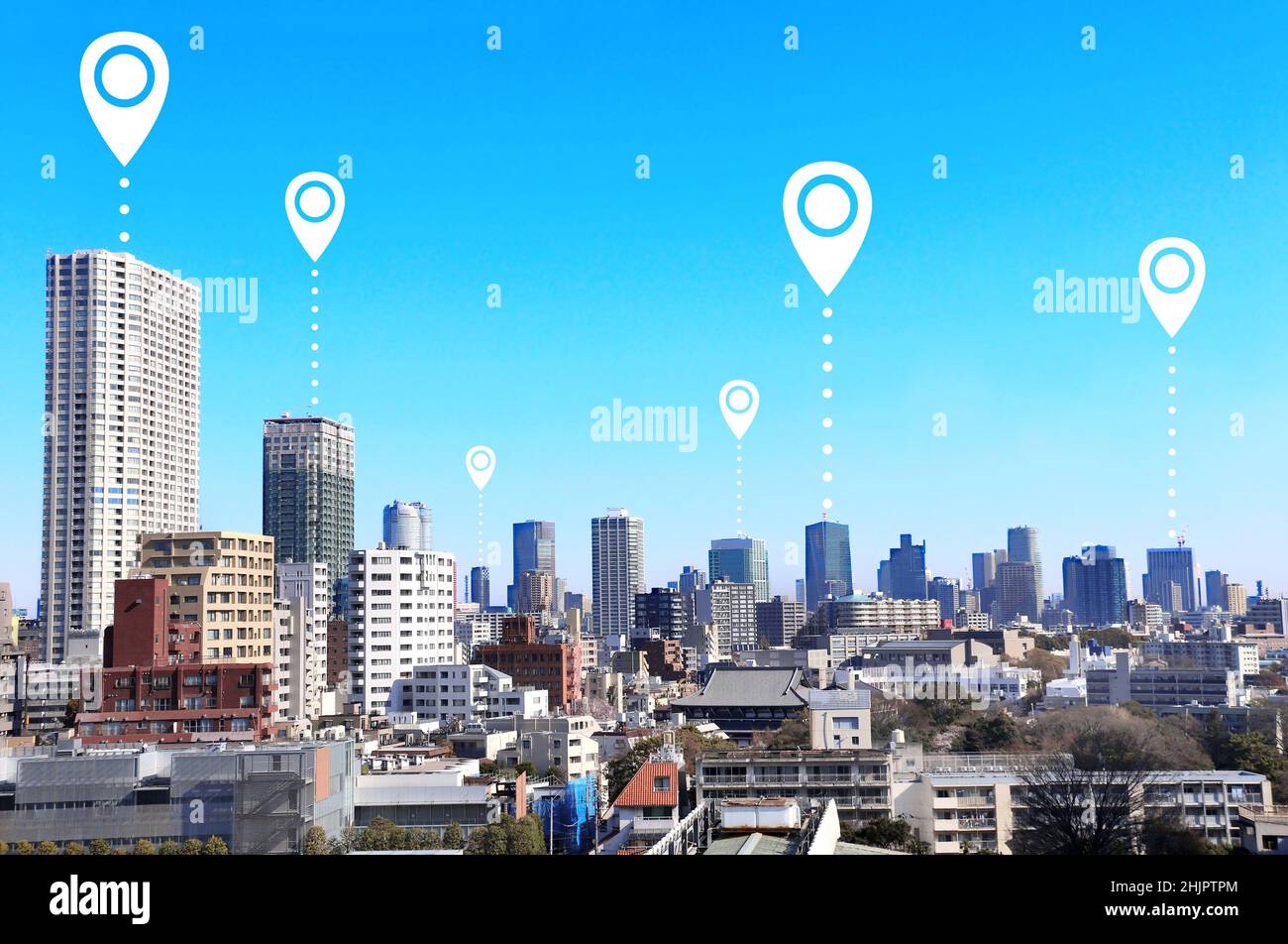 Network connection concept. Aerial view of Tokyo with red location pin ...