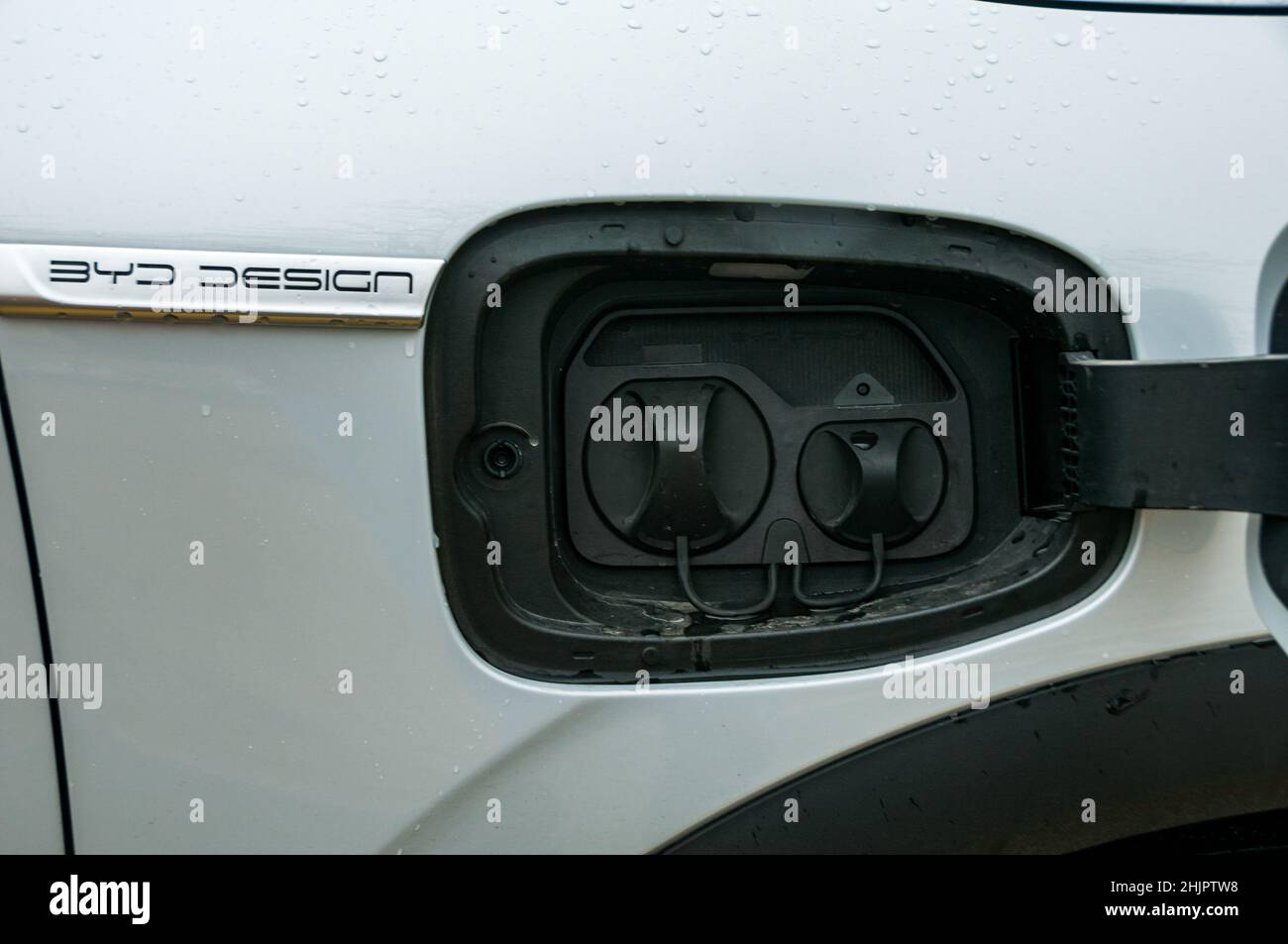 The charging port of a BYD Yuan Plus electric SUV photographed in ...