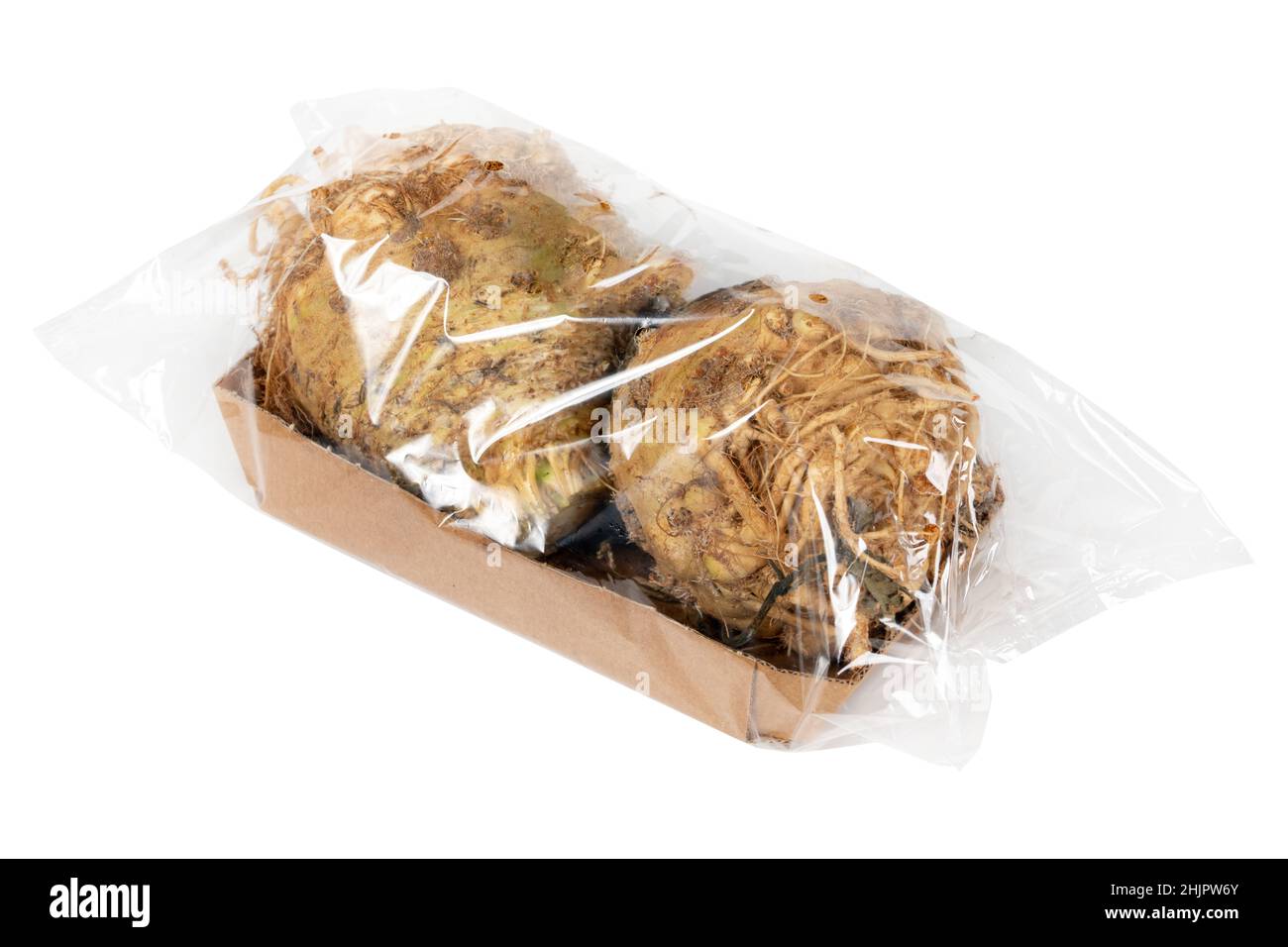Packaged and labeled root celery on an isolated white background Stock ...