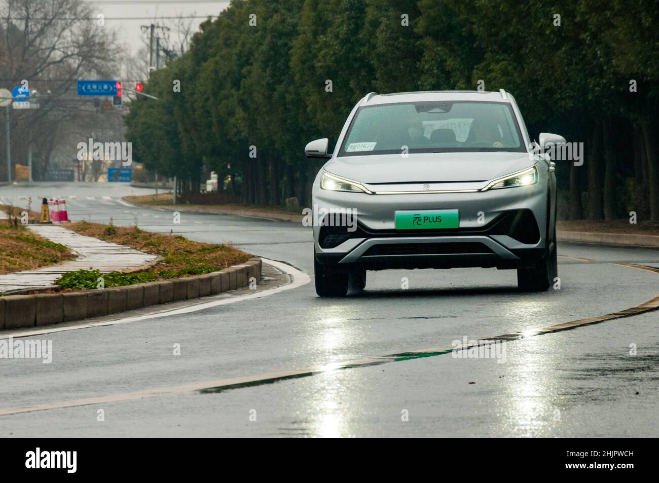 BYD Yuan Plus being driven on the road in Songjiang District, Shanghai ...