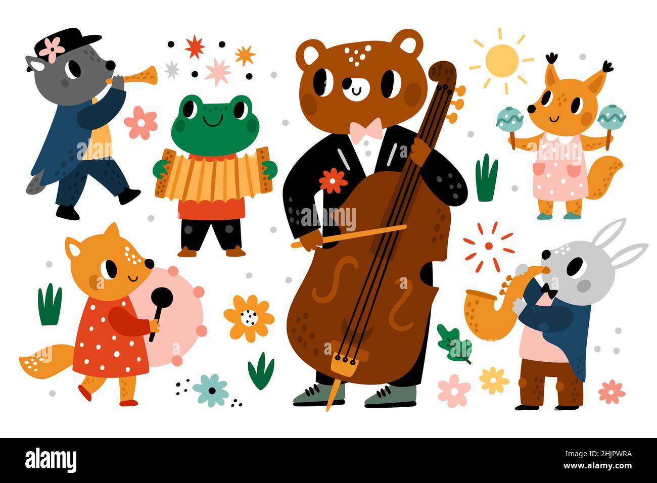 Animals play music. Musicians with instruments. Funny fairy tale ...